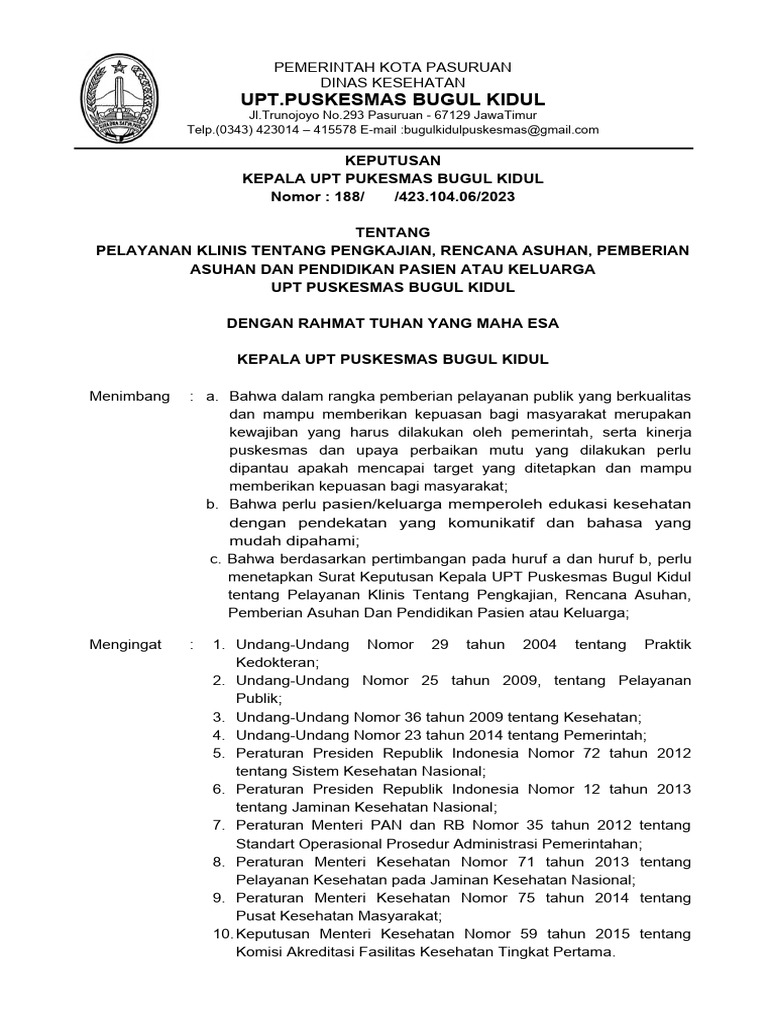3.2.1 SK PELAYANAN KLINIS TENTANG PENGKAJIAN, RENCANA ASUHAN, PEMBERIAN ASUHAN DAN PENDIDIKAN ...