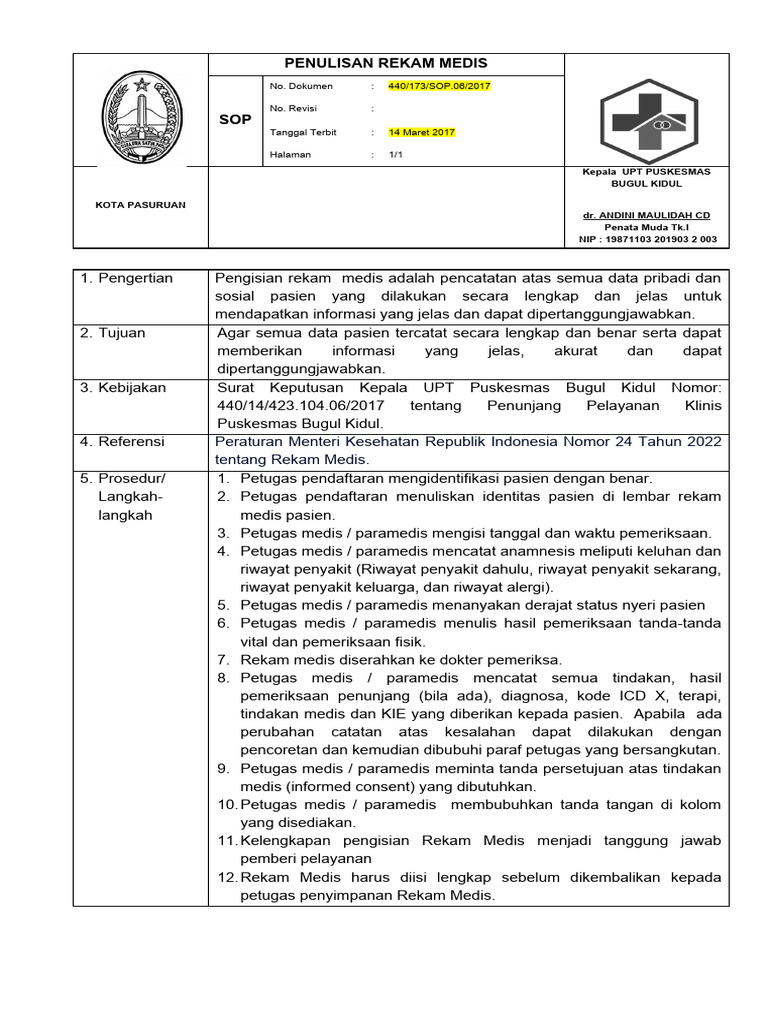 SOP PENULISAN REKAM MEDIS | PDF