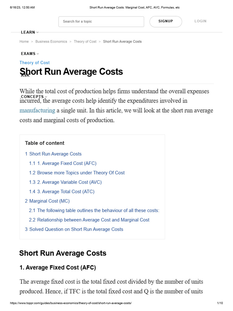 Short Run Average Costs - Marginal Cost, AFC, AVC, Formulas, Etc | PDF ...
