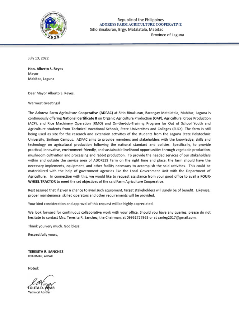 Request Letter For Tractor | PDF | Agriculture | Food Industry