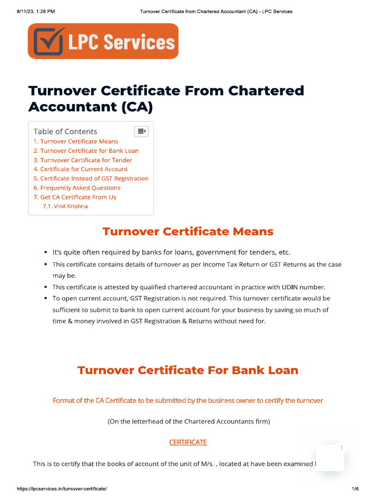 Turnover Certificate | PDF
