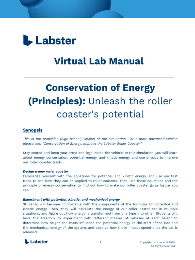 COE Conservation of Energy Principles - Unleash The Roller Coasters Potential Lab Manual ...