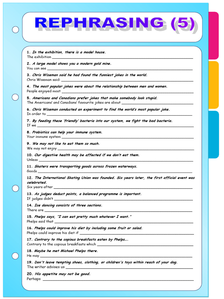 Rephrasing 5 Key Included Sentence Transformation Rephrasing Exercises ...