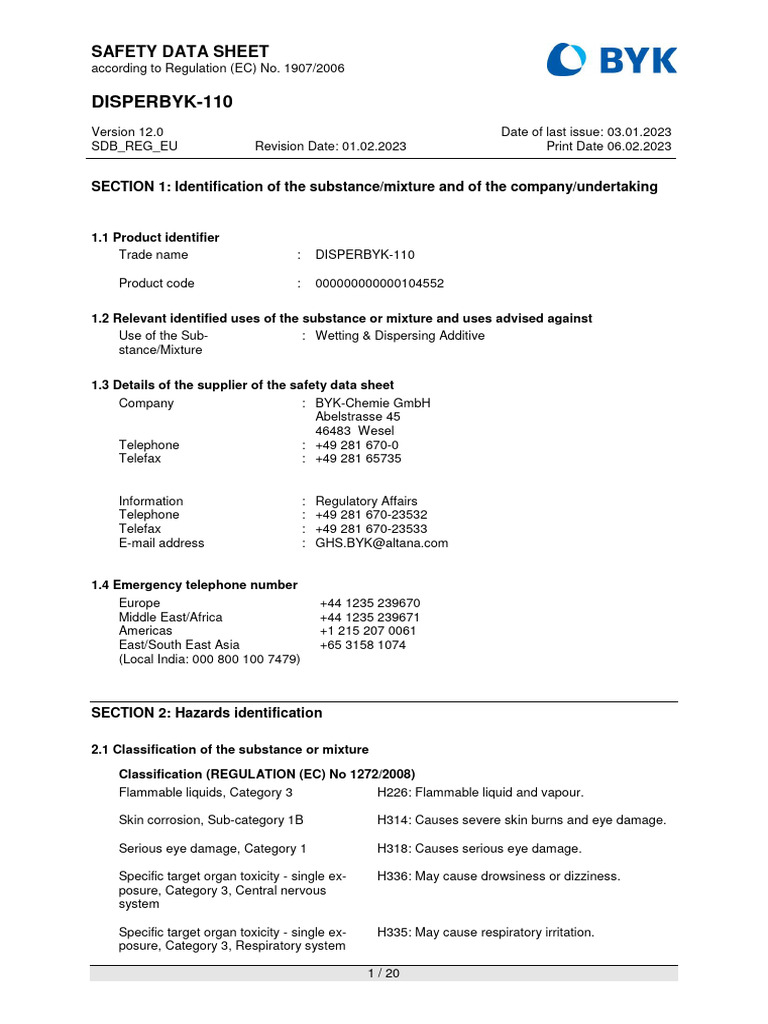 Disperbyk-110 MSDS | PDF | Toxicity | Occupational Safety And Health