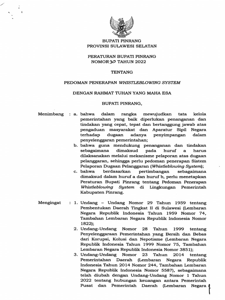 Perbub No. 30 THN 2022 TTG Pedoman Penerapan WBS | PDF