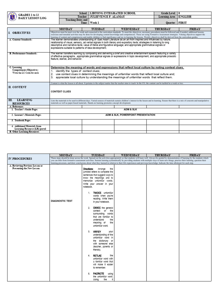 Grade 8 English Daily Lesson Plan | PDF | Learning | Teachers