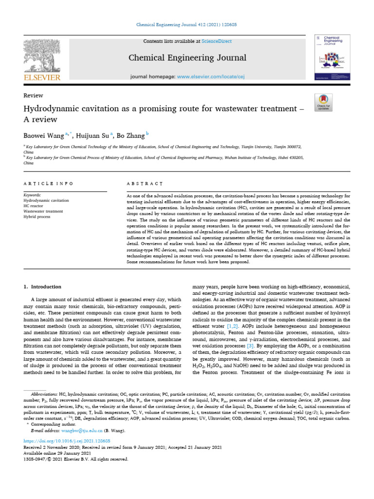Hydrodynamic Cavitation Review Paper Wang2021 | Download Free PDF | Materials | Applied And ...
