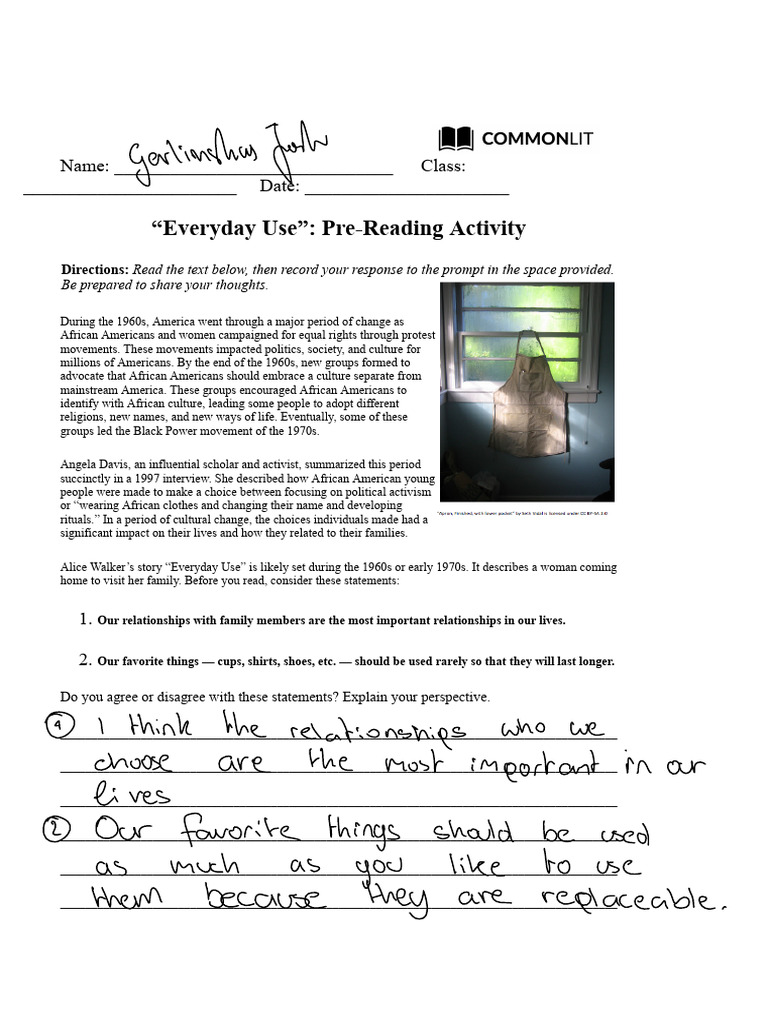 Pre-Reading Activity Everyday Use | PDF