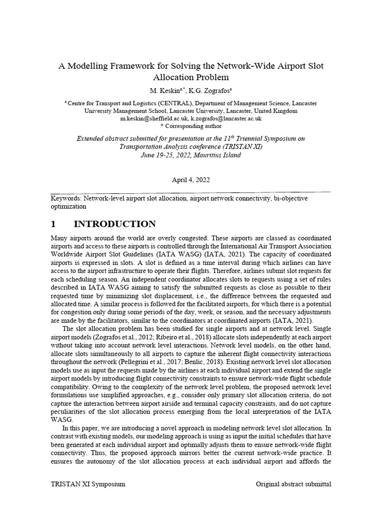 A Modelling Framework For Solving The Network Wide Airport Slot Allocation Problem Pdf