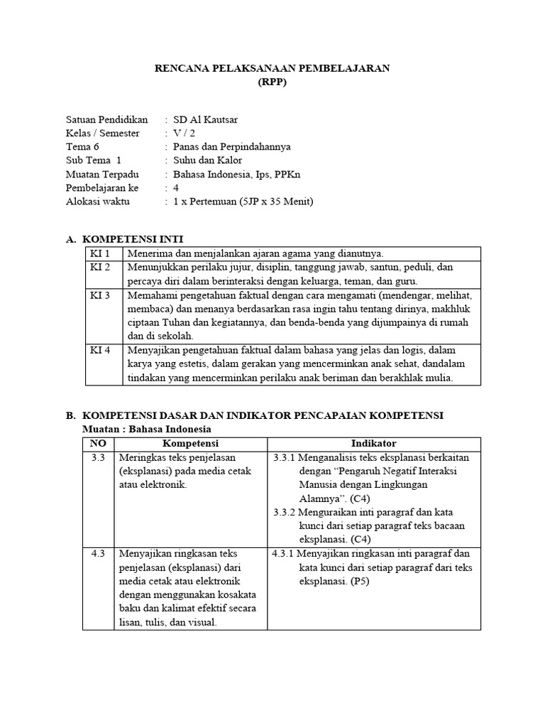 RPP Kelas 5 Tema 6 ST 1 Pemb 4 | PDF | Sains & Matematika