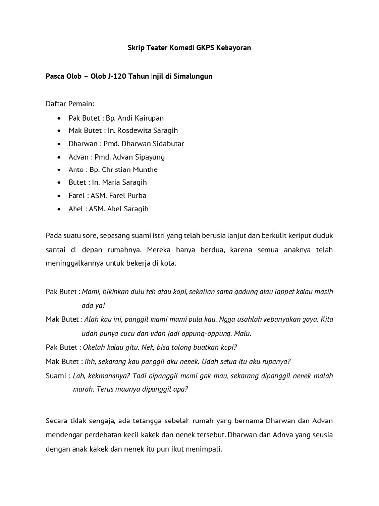 Skrip Teater Komedi GKPS Kebayoran | PDF