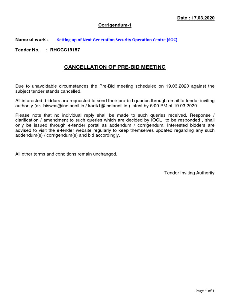 Corrigendum-1-cancellation-of-pre-bid-meeting-RHQCC19157 | PDF