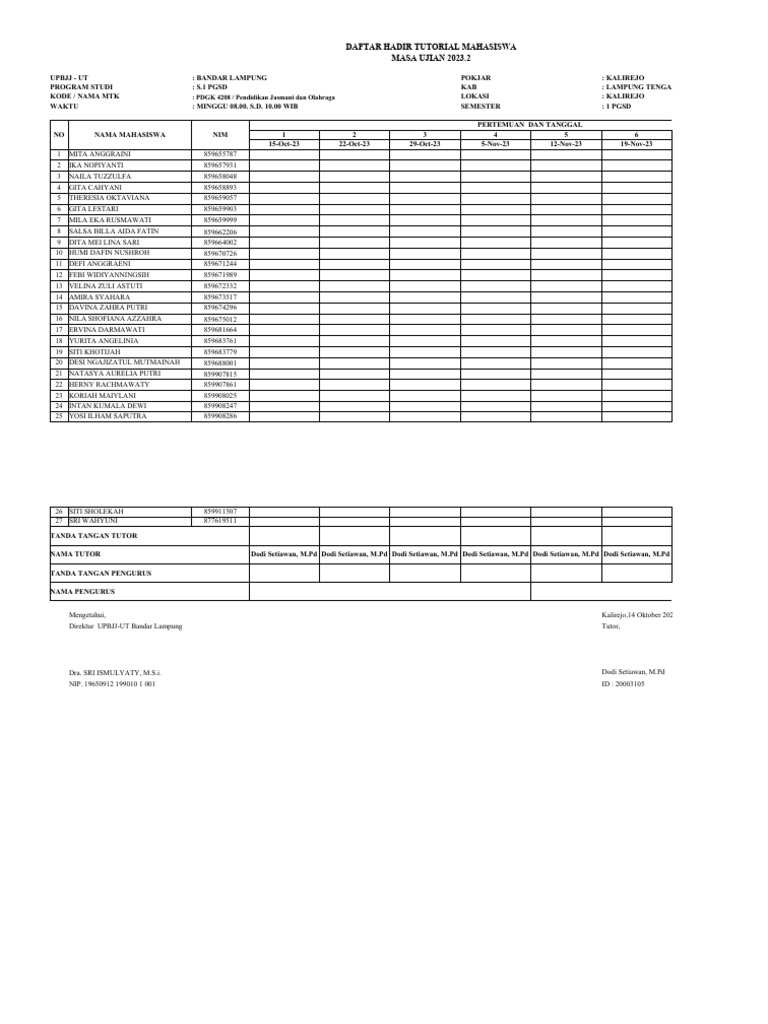 Daftar Hadir Pjok Kalirejo A Ok | PDF