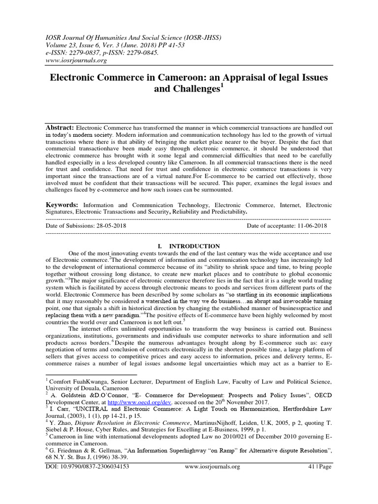 Electronic Commerce in Cameroon: An Appraisal of Legal Issues and Challenges | PDF | E Commerce ...