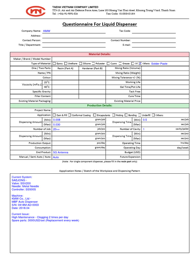 Dispenser RFQ Questionnaire Form (KMW)1 | PDF | Epoxy | Chemistry