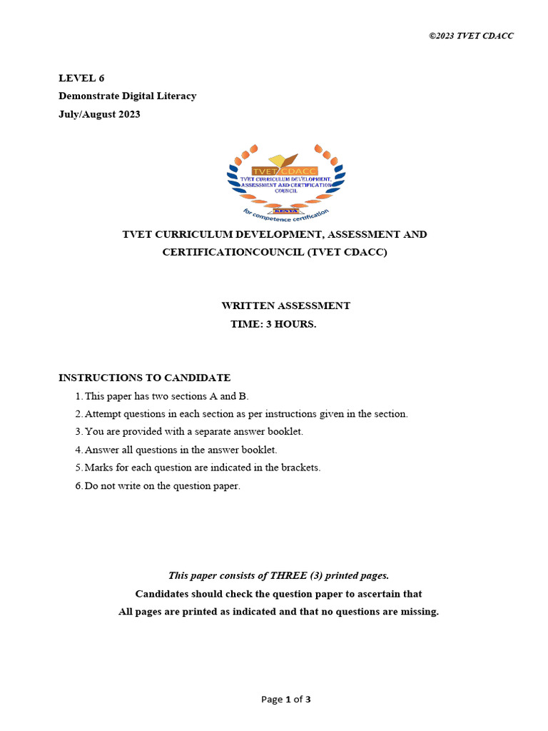 Digital Literacy Level 6-Candidates Tool | PDF | Microsoft Excel ...