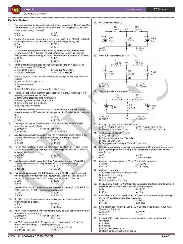 Weekly Exam on DC and AC Circuits | PDF | Electrical Impedance | Inductor