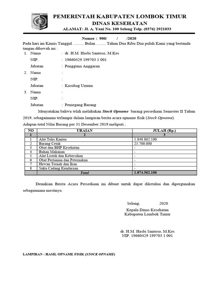 Contoh Berita Acara Stock Opname Persediaan & Rekon 2020 | PDF