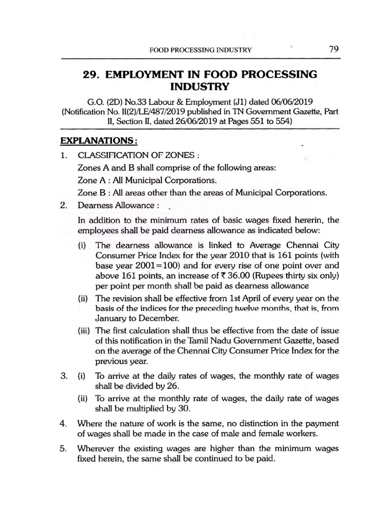 Minimum Wages - Food Processing Industry - 2021-22 | PDF