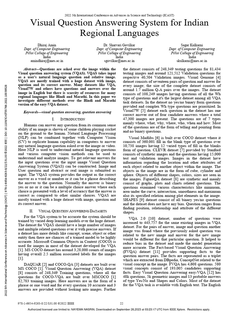 Visual Question Answering System For Indian Regional Languages | PDF | Computing | Algorithms