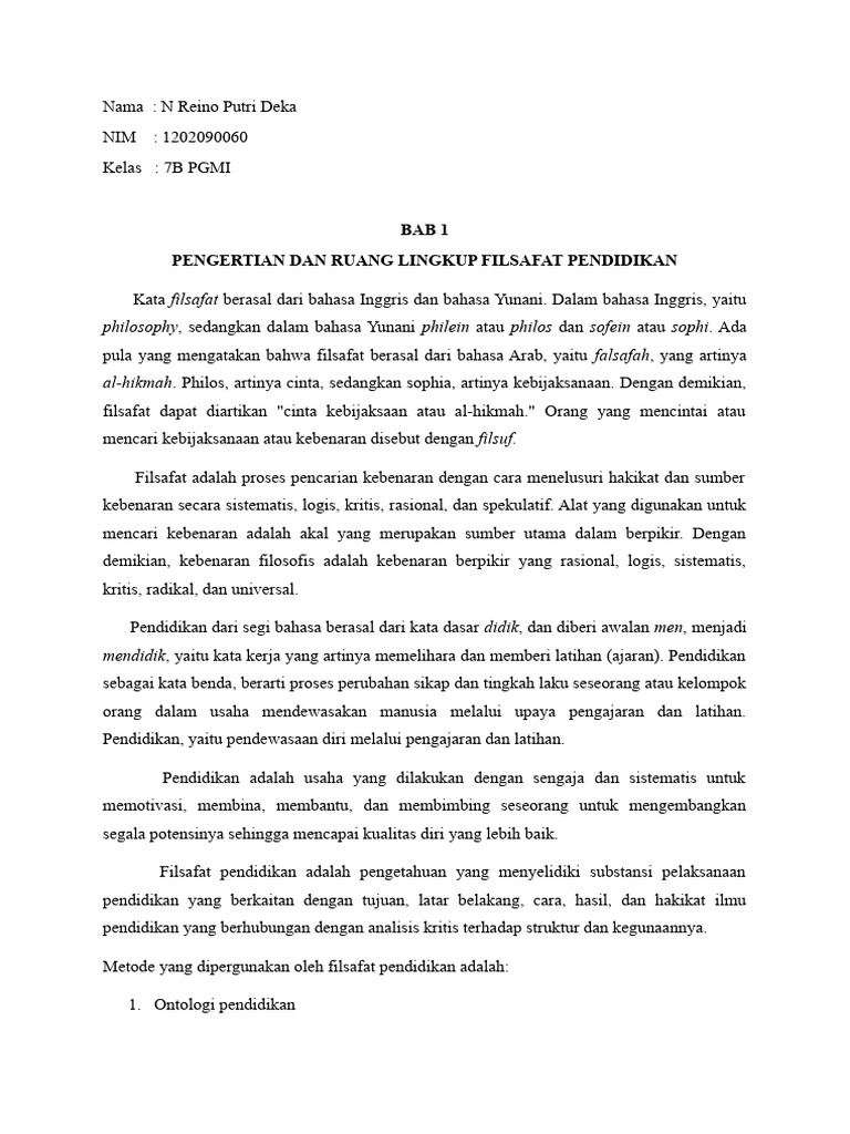 BAB 1 FILSAFAT PENDIDIKAN - N Reino Putri Deka - 1202090060 | PDF