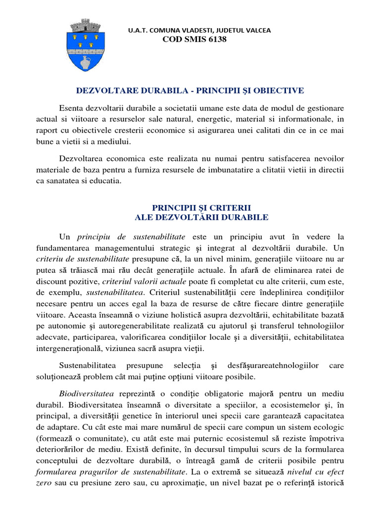 Dezvoltare Durabila - Principii Si Obiective | PDF