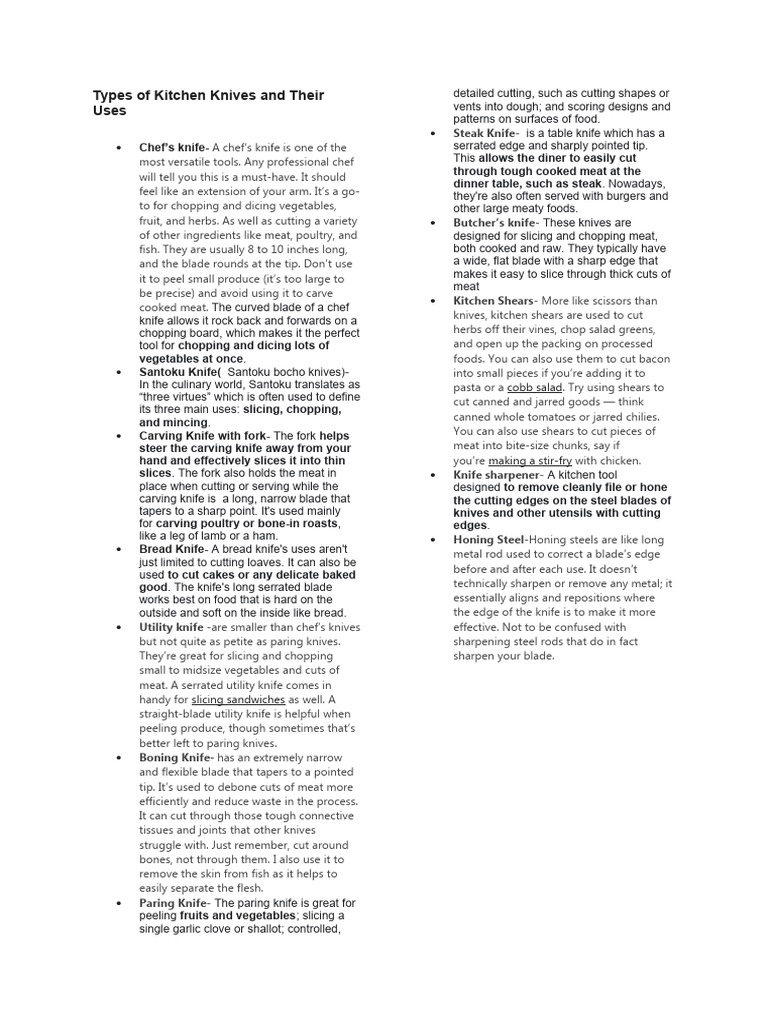 Types of Kitchen Knives and Their Uses | PDF