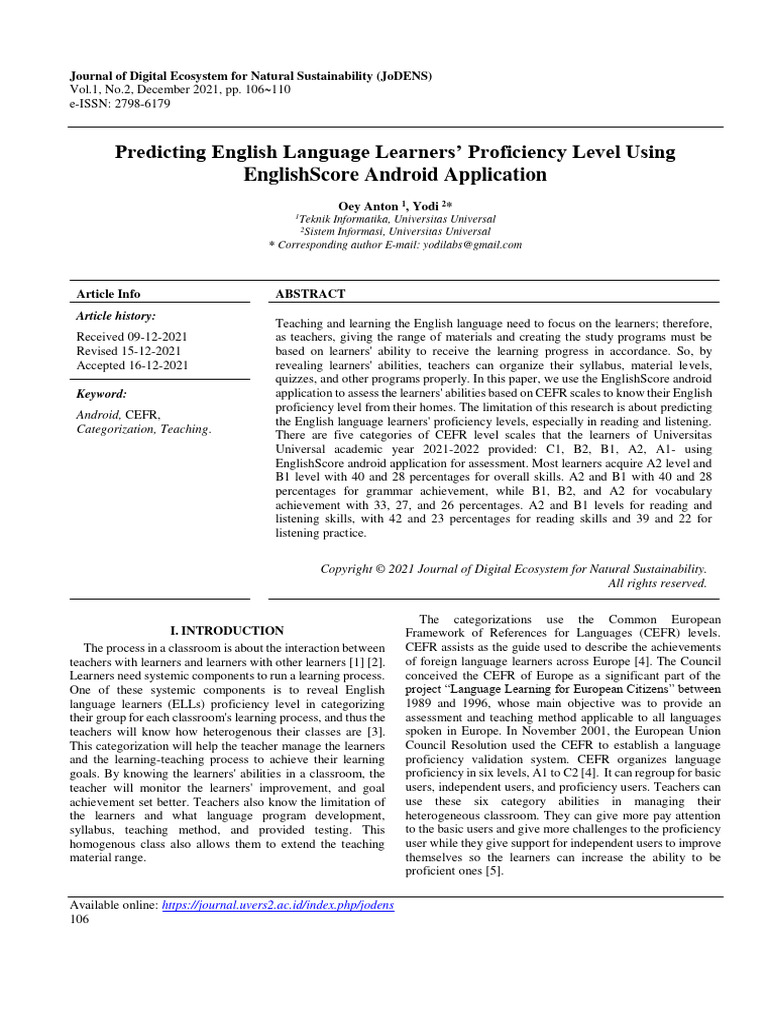 106 110 Predicting English Language Learners Proficiency Level Using Englishscore Android
