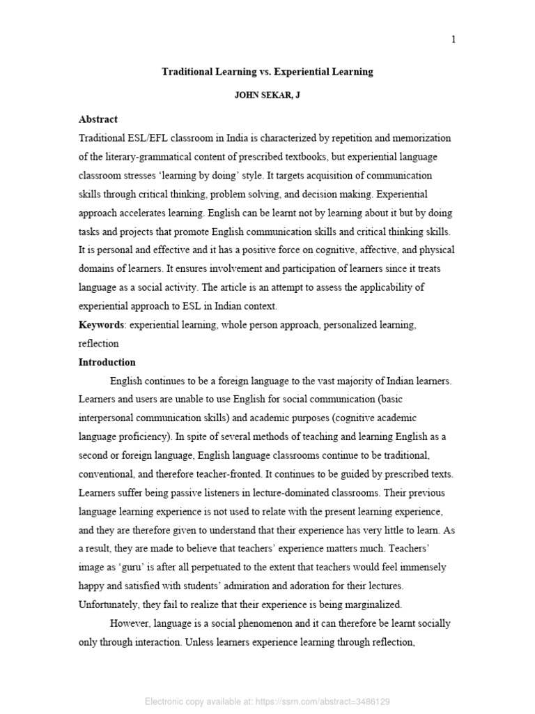 Traditional Learning vs. Experiential Learning | PDF | Career & Growth