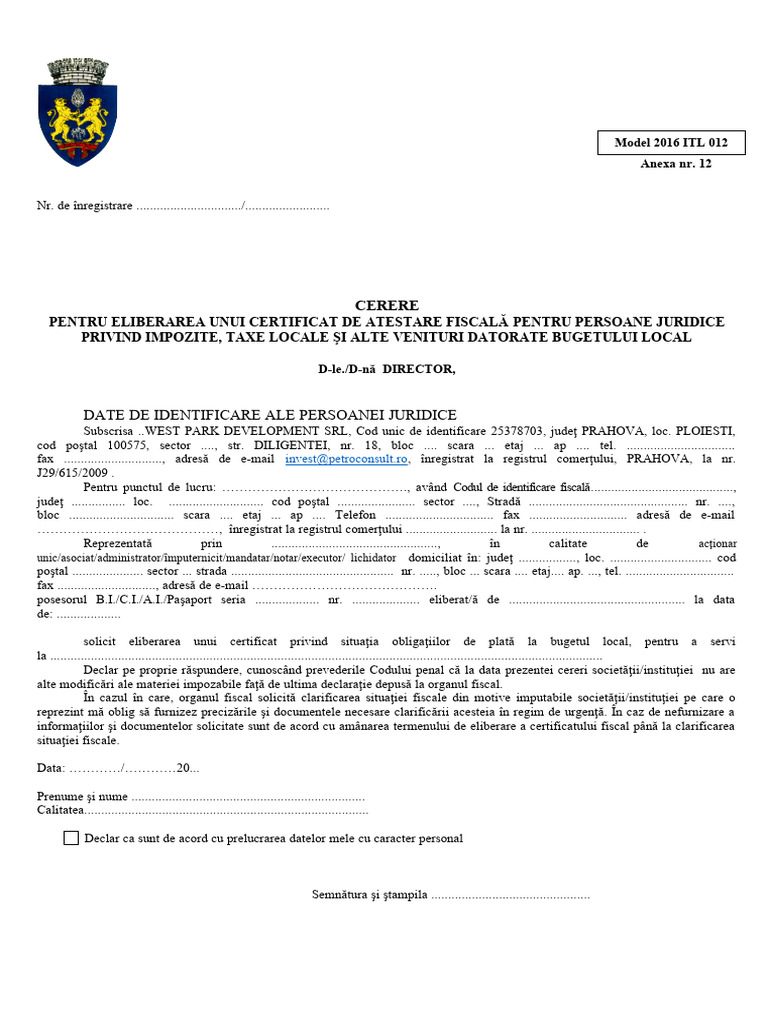 ITL 012 Cerere Certificat PJ | PDF