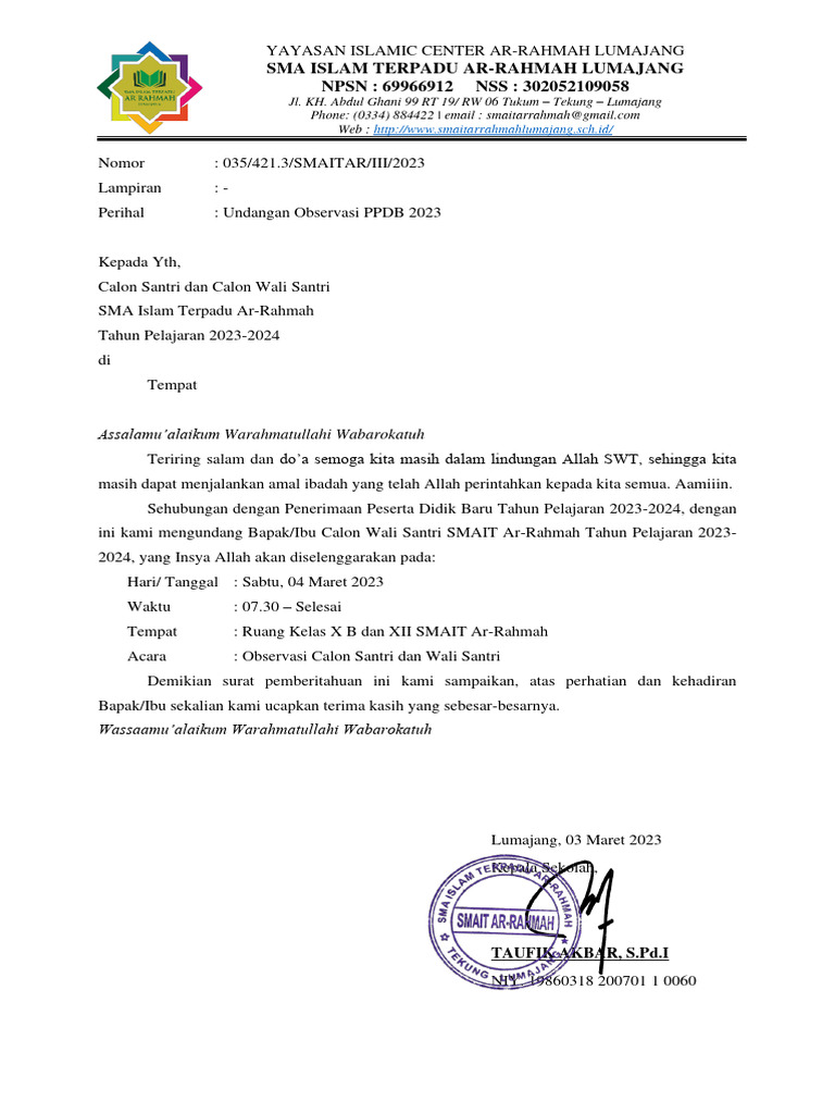 035 - Surat Undangan Observasi PPDB | PDF