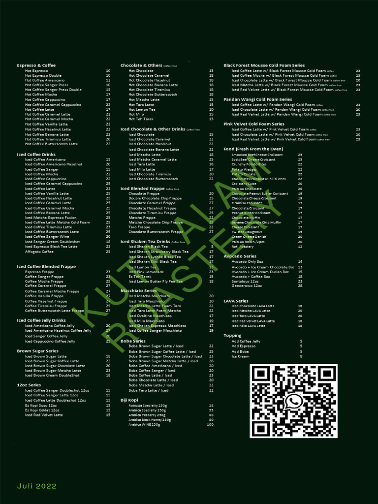 Menu Kuta Alam Roastery Ok - 25 Maret 2022-1 | PDF | Coffee | Caramel