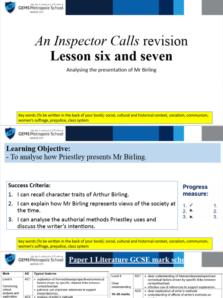 Yr 11 - AIC Revision - Lesson 6-8 Analysing MR Birling | PDF