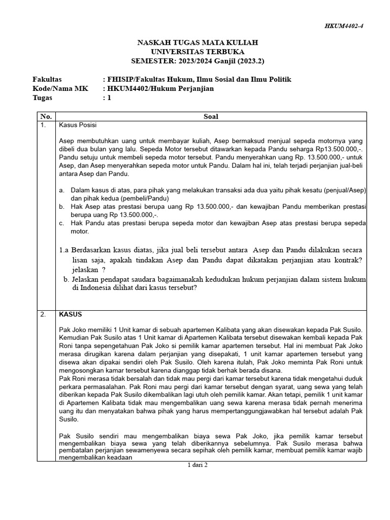 TMK 1 Hukum Perjanjian HKUM4402-1 | PDF