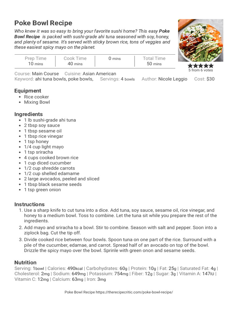 Easy Ahi Tuna Poke Bowl Recipe | PDF