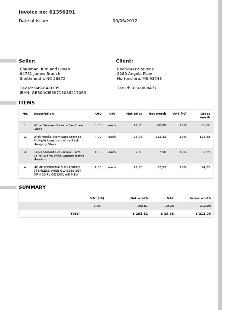 Invoice for Wine Glasses and Rack | PDF