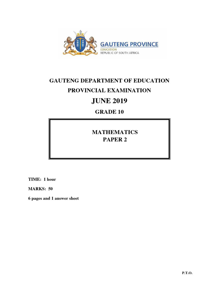 Grade 10 Provincial Exam Mathematics P2 (English) June 2019 Question ...