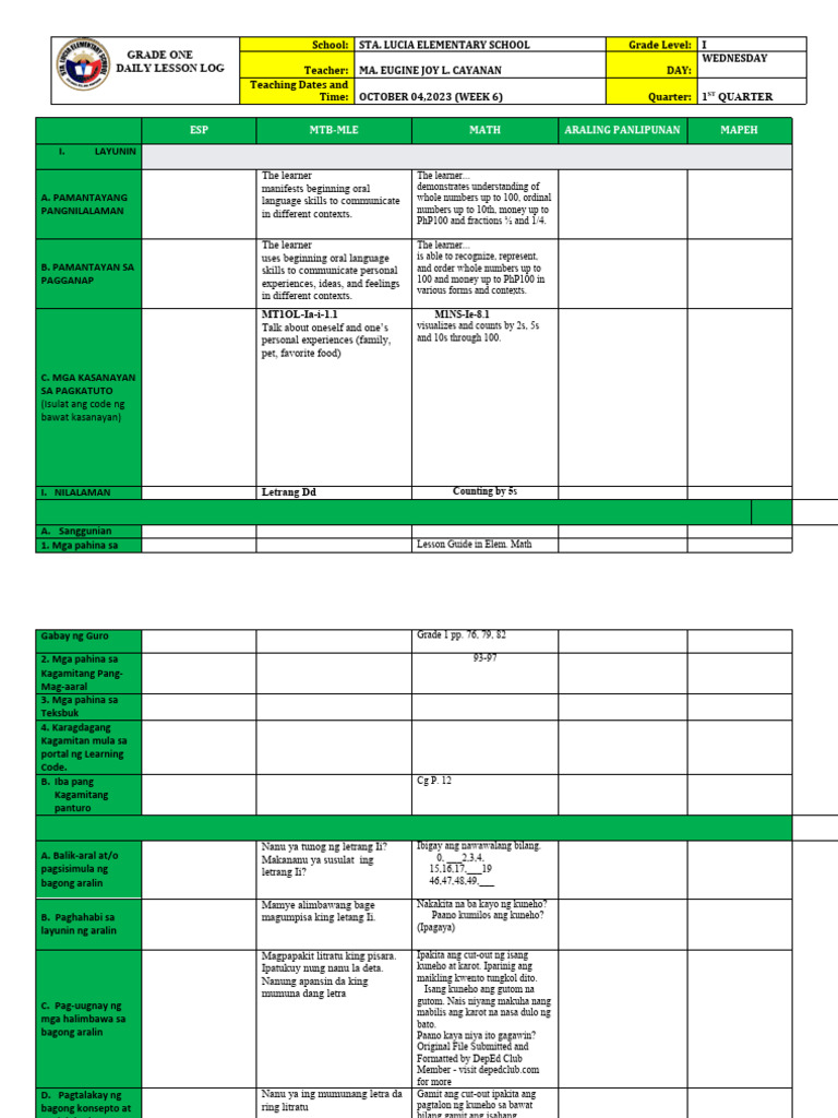 ESP Mtb-Mle Math Araling Panlipunan Mapeh: M1NS-Ie-8.1 | PDF