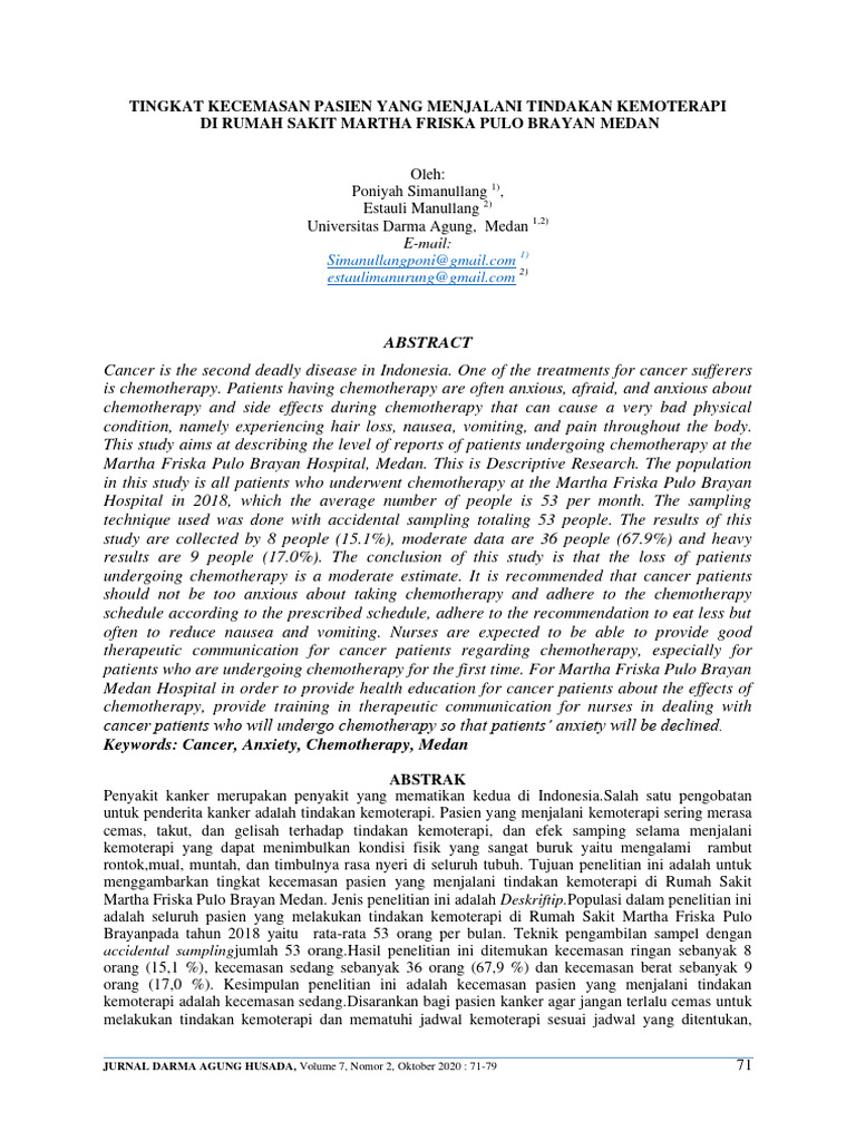 Tingkat Kecemasan Pasien Kemoterapi Medan | PDF | Chemotherapy | Nausea