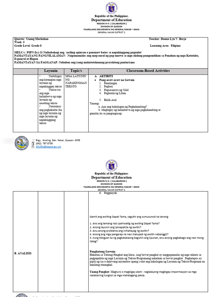 Weekly Learning Plan WEEK 5 | PDF