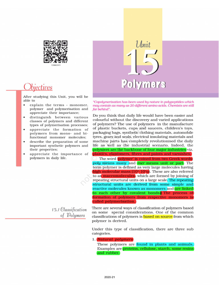 Polymers NCERT Highlights | PDF