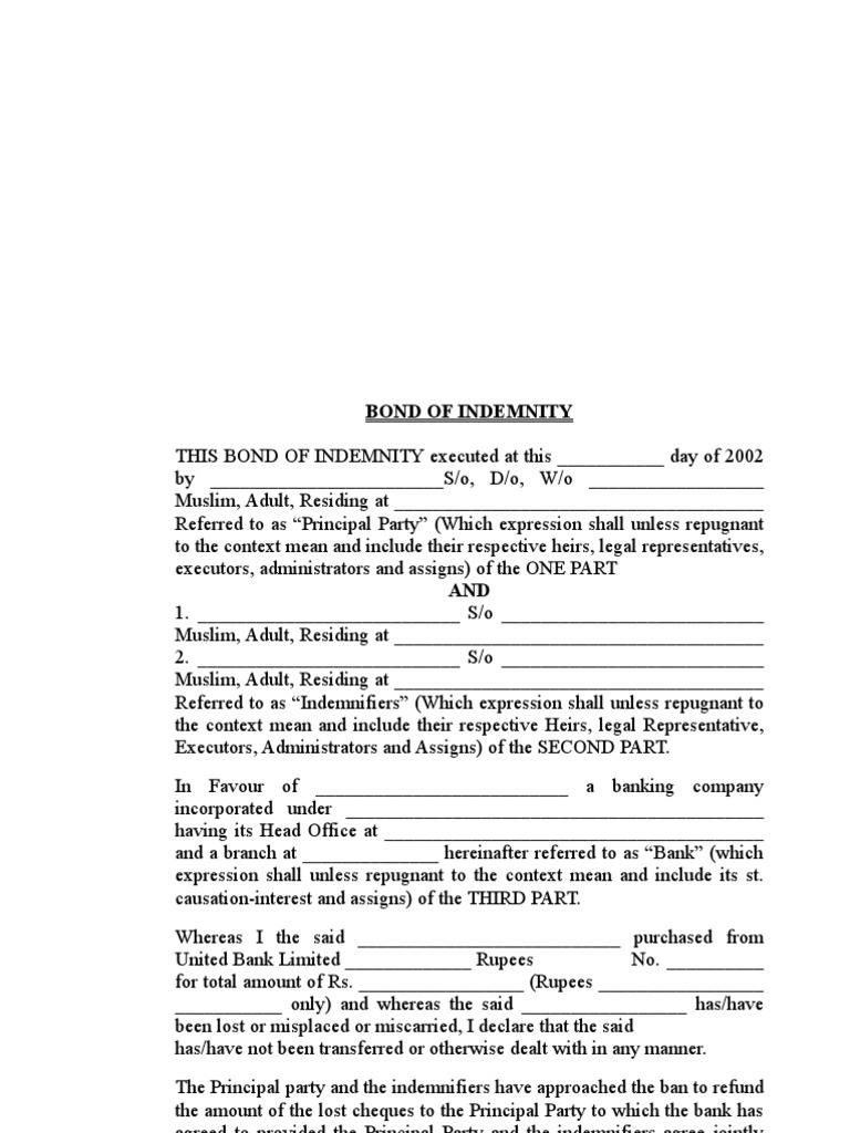 Indemnity Bond | PDF | Indemnity | Government Information