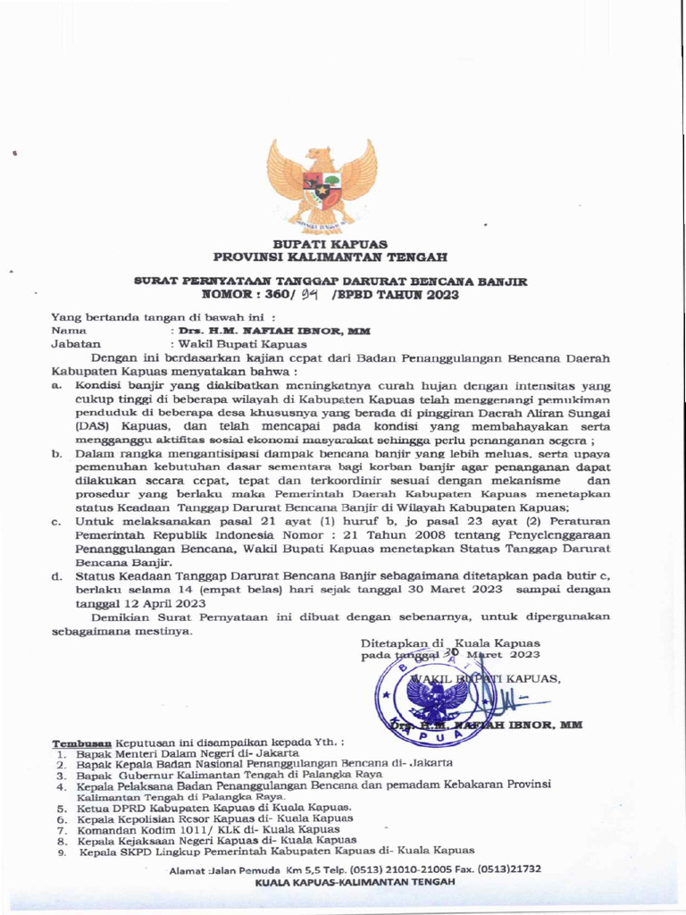 Surat Pernyataan Tanggap Darurat Bencana Banjir Tahun 2023 | PDF