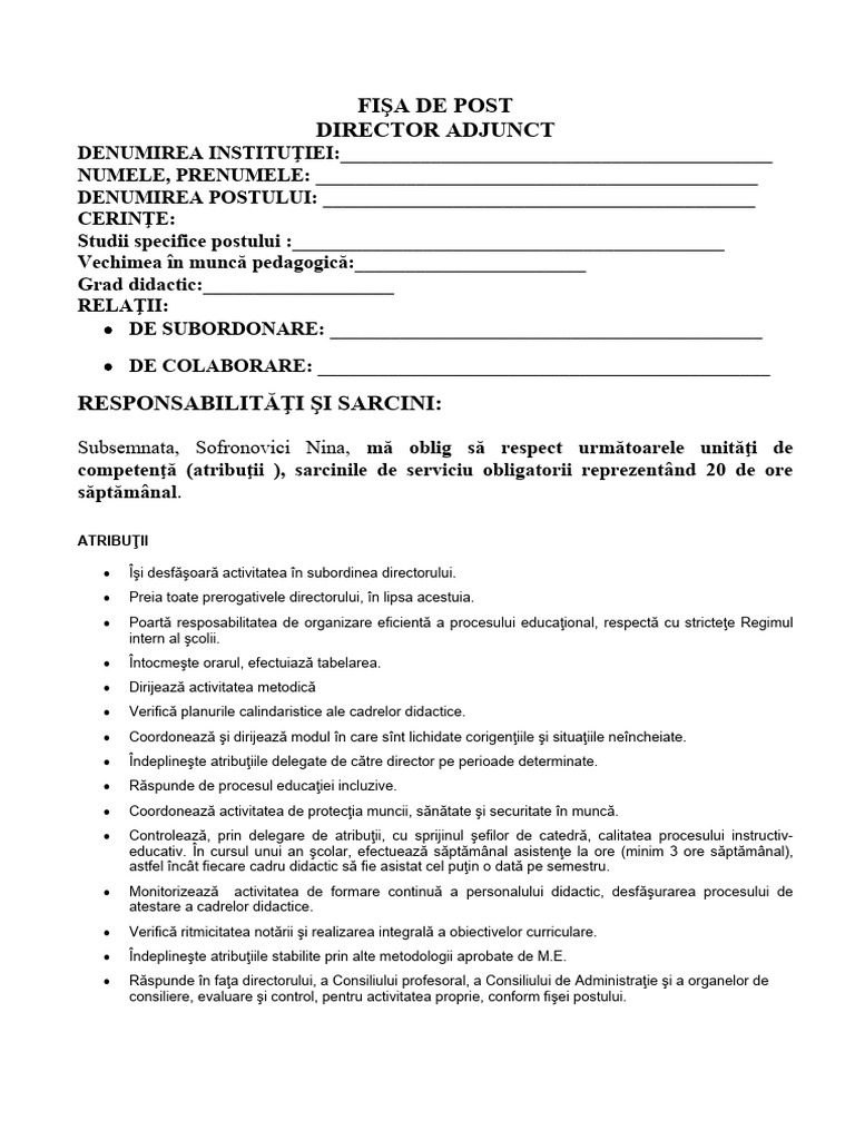 Fişa de Post Director Adjunct | PDF