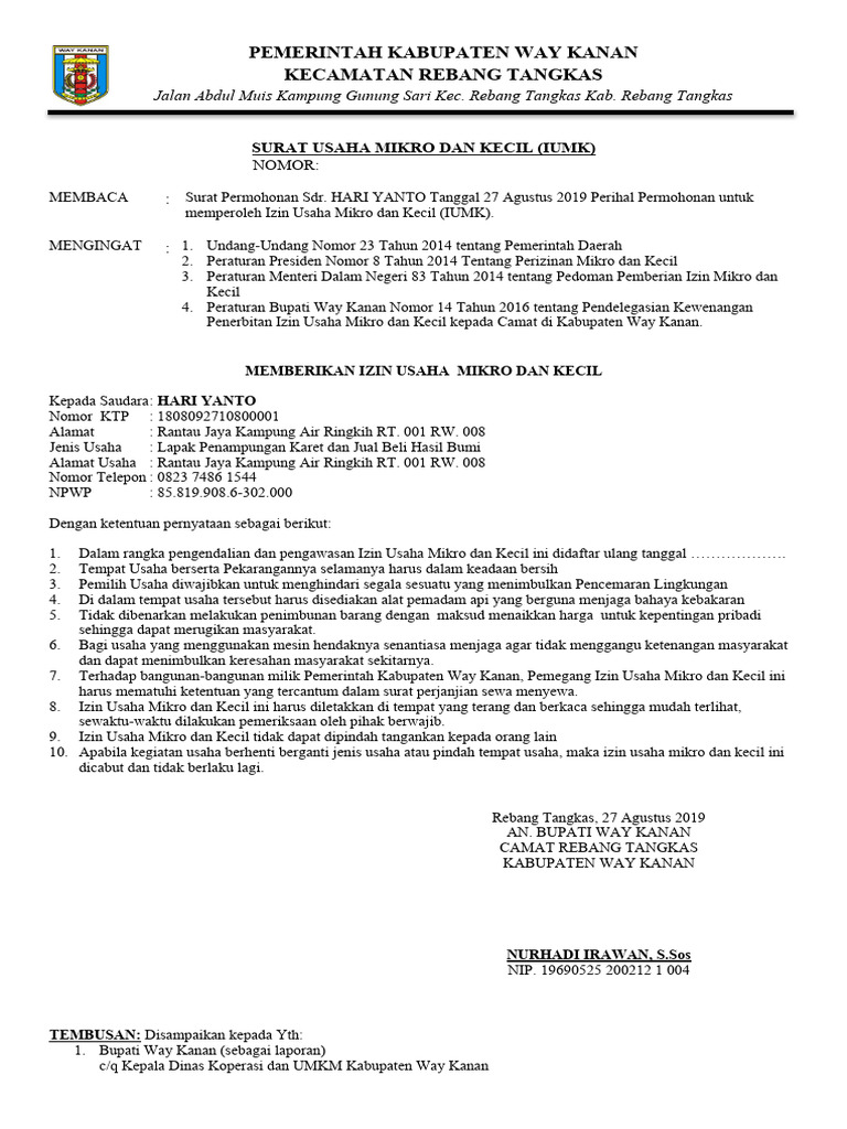 SURAT USAHA MIKRO DAN KECIL IUMK | PDF
