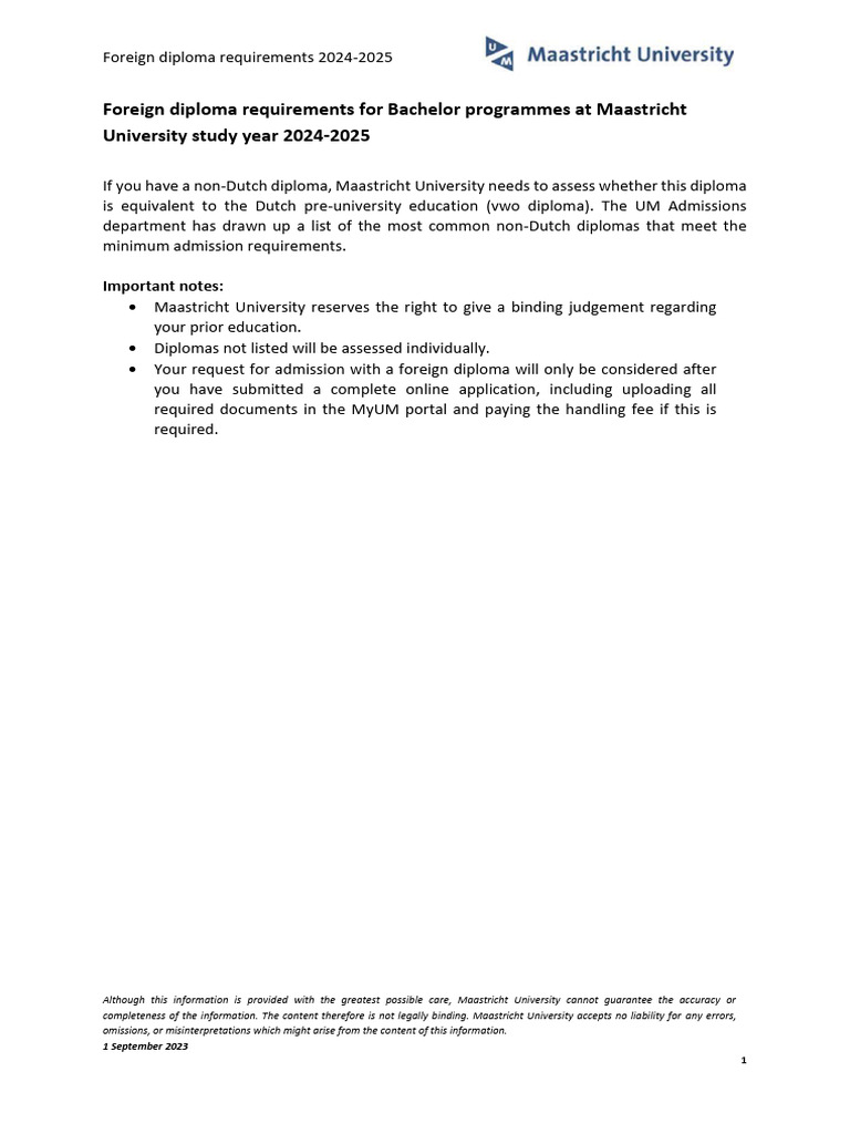 Equivalentielijst Bachelor Programmes UM 2024-2025 | PDF | High School Diploma | Bachelor's Degree