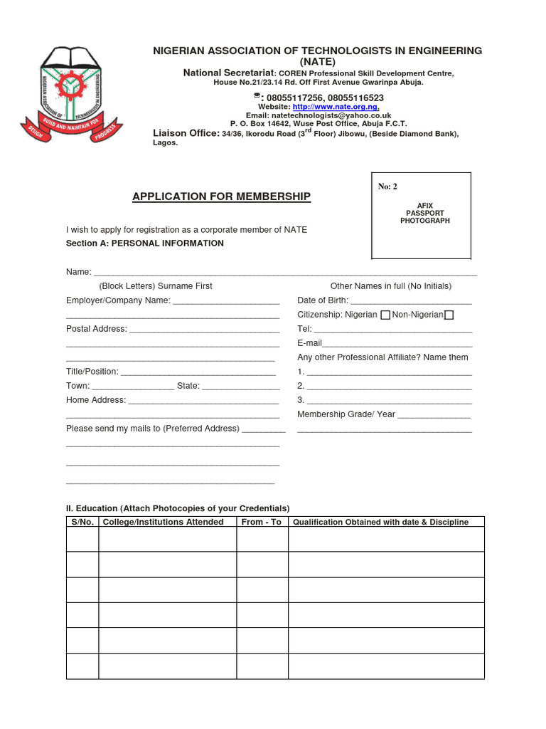 Nate Corporate Membership Form | Download Free PDF | Institute Of ...