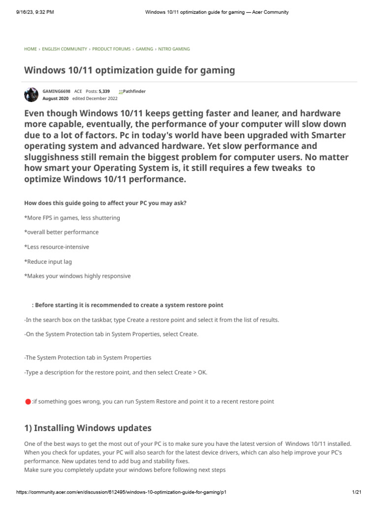 Windows 10 - 11 Optimization Guide For Gaming - Acer Community | PDF ...