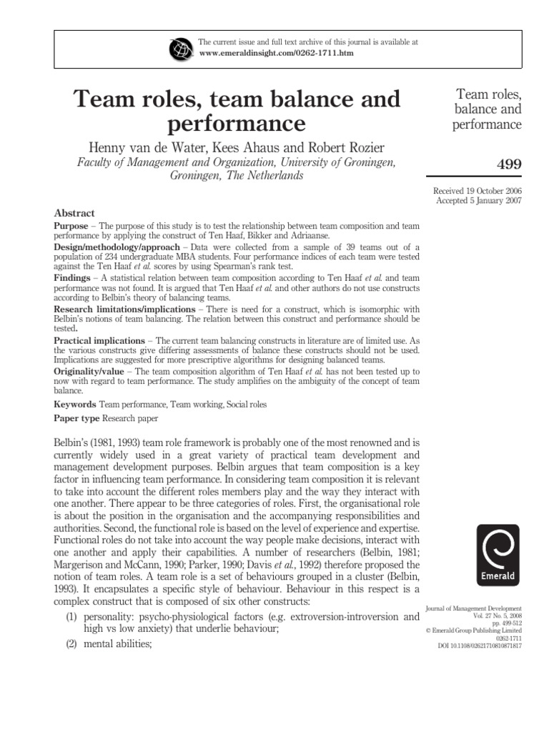 Team Roles, Team Balance and P | PDF
