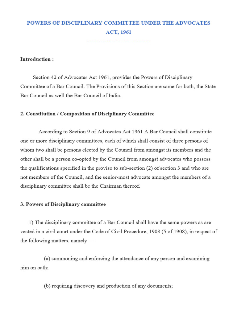 Powers of Disciplinary Committee Under The Advocates ACT, 1961 | PDF ...